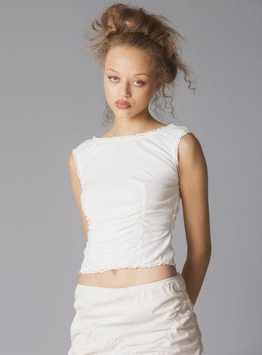 Sleeveless Top With Wide Neck & Ruffled Trim in White | UNIF